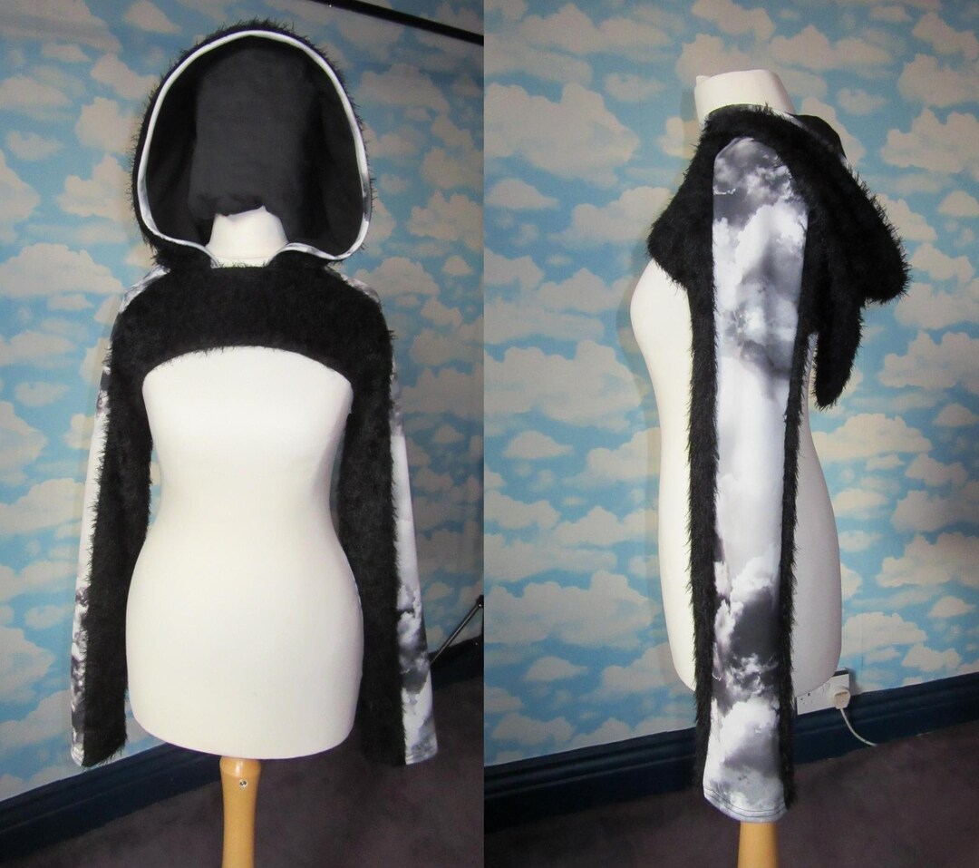 Black Fluffy Shrug With Pixie Hood and Stormy Weather Clouds Detail on ...