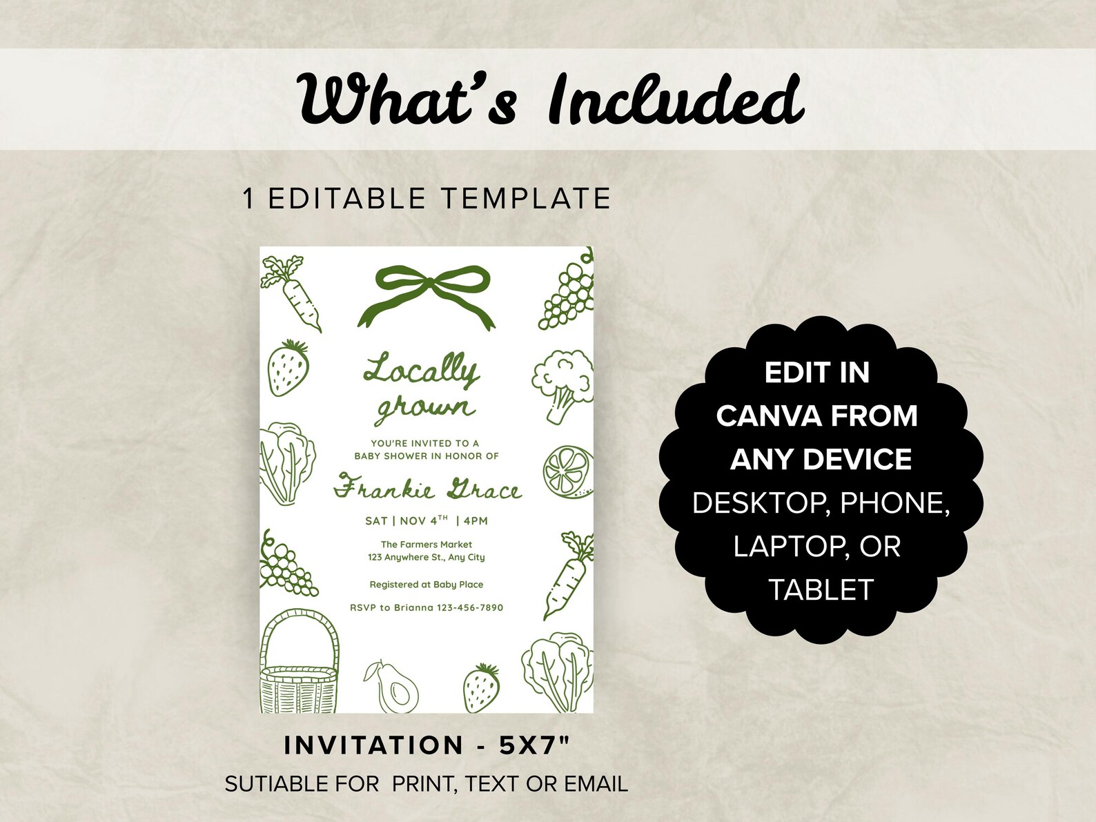 Locally Grown Baby Shower Invitation Template: Editable Farmers Market ...
