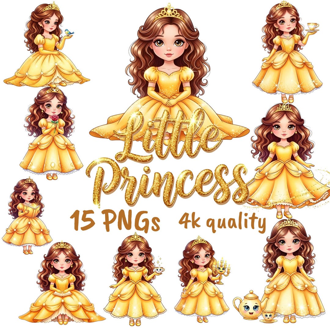 Belle Princess PNG Bundle: Yellow Ball Gown Illustration (digital ...