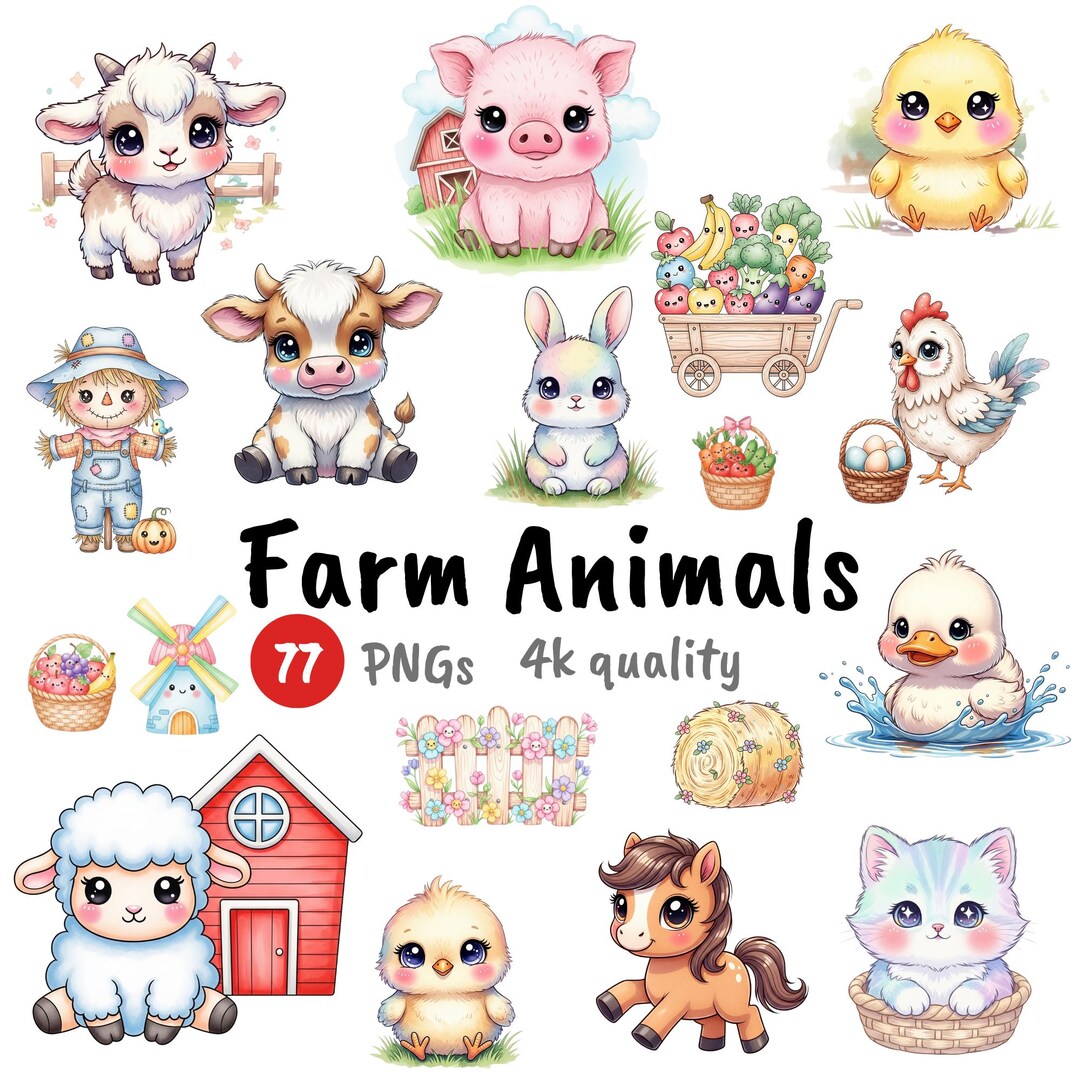 Baby Farm Animals Clipart: Watercolor PNG Bundle (77 Files, Digital ...