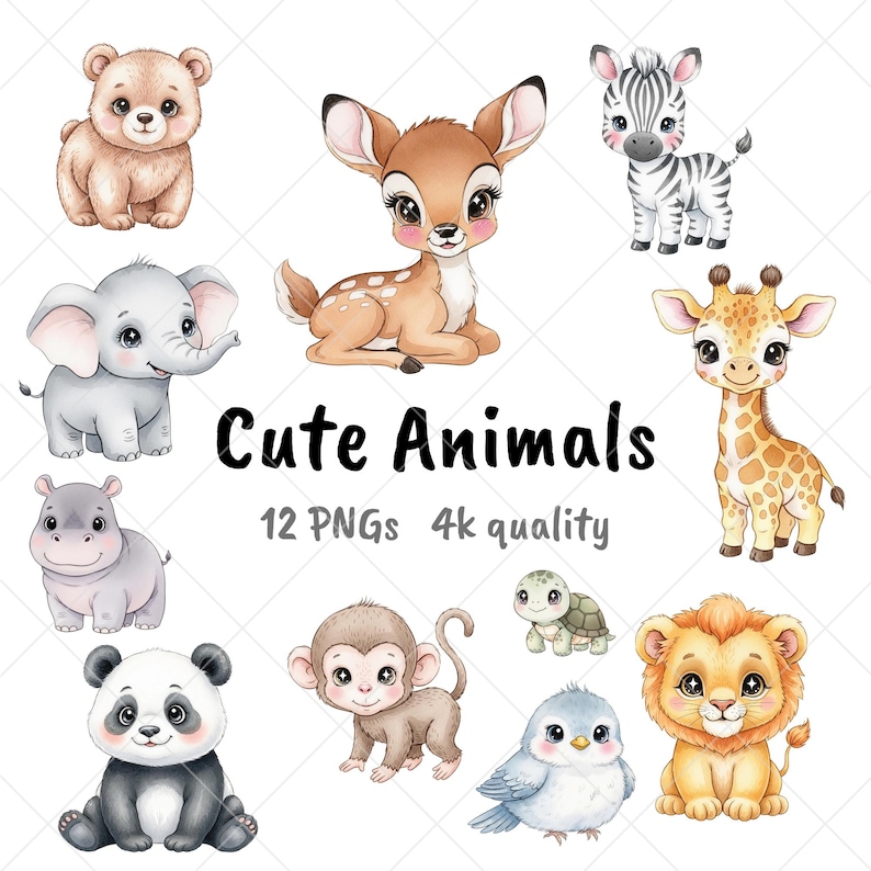 12 Watercolor Cute Animals PNG Clipart Cute Animal Watercolor Animals ...