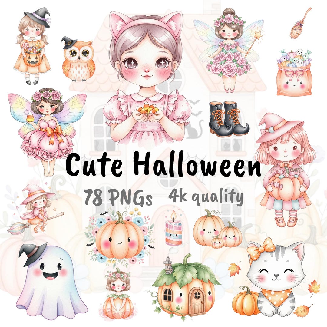 Cute Halloween Clipart - Watercolor - Ghost - Pumpkin - Cat - Spider ...