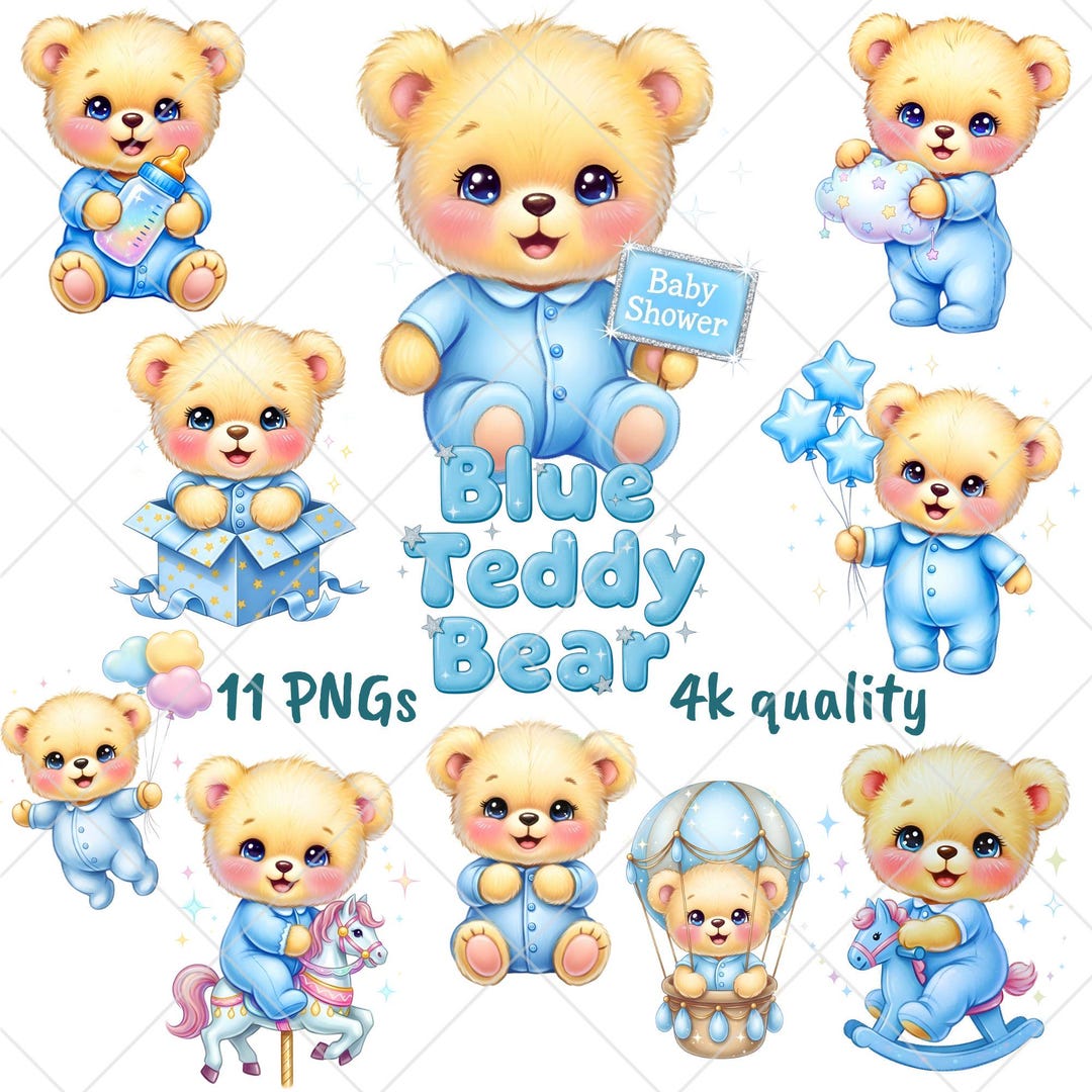 Blue Teddy Bear Clipart: Baby Shower, Nursery Decor (digital Download ...