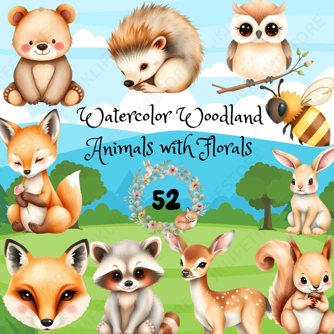 Watercolor Woodland Animals Clipart, Cute Forest Baby Animals PNG ...