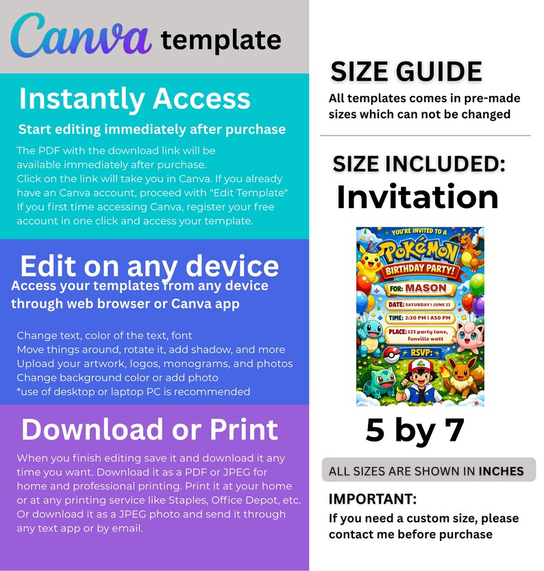 Pokemon Birthday Invitation Card | Editable Canva Template | Pikachu ...