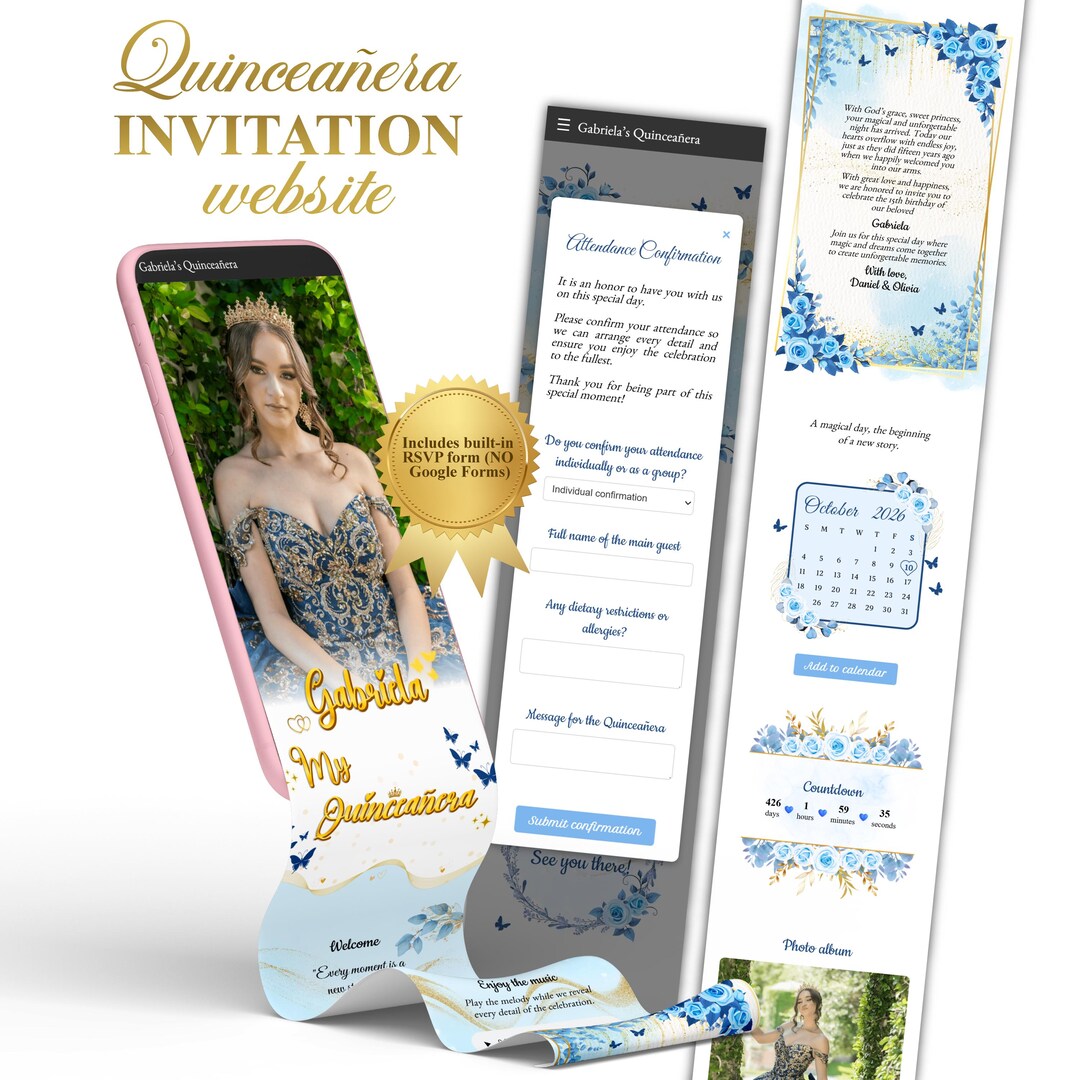Interactive Blue Gold Web Invitation | Quinceañera or Sweet 16 Digital ...