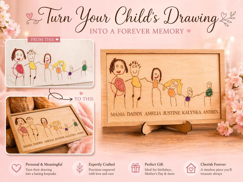 Custom Child Drawing Engraved on Wood – Kids Artwork Keepsake Frame ...