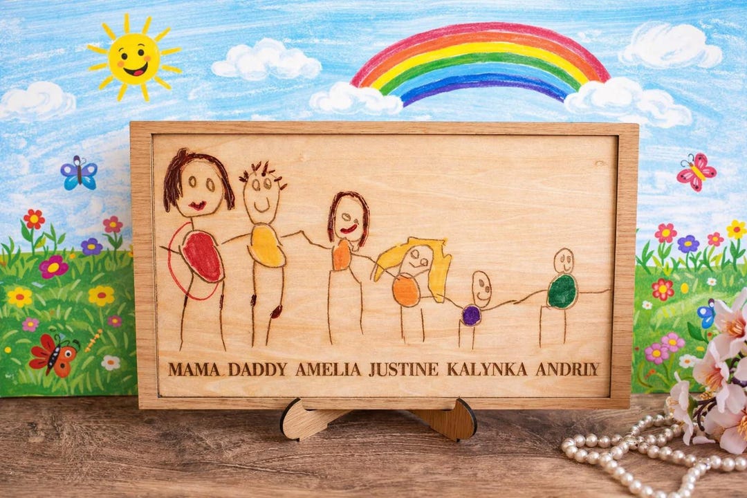 Custom Child Drawing Engraved on Wood – Kids Artwork Keepsake Frame ...