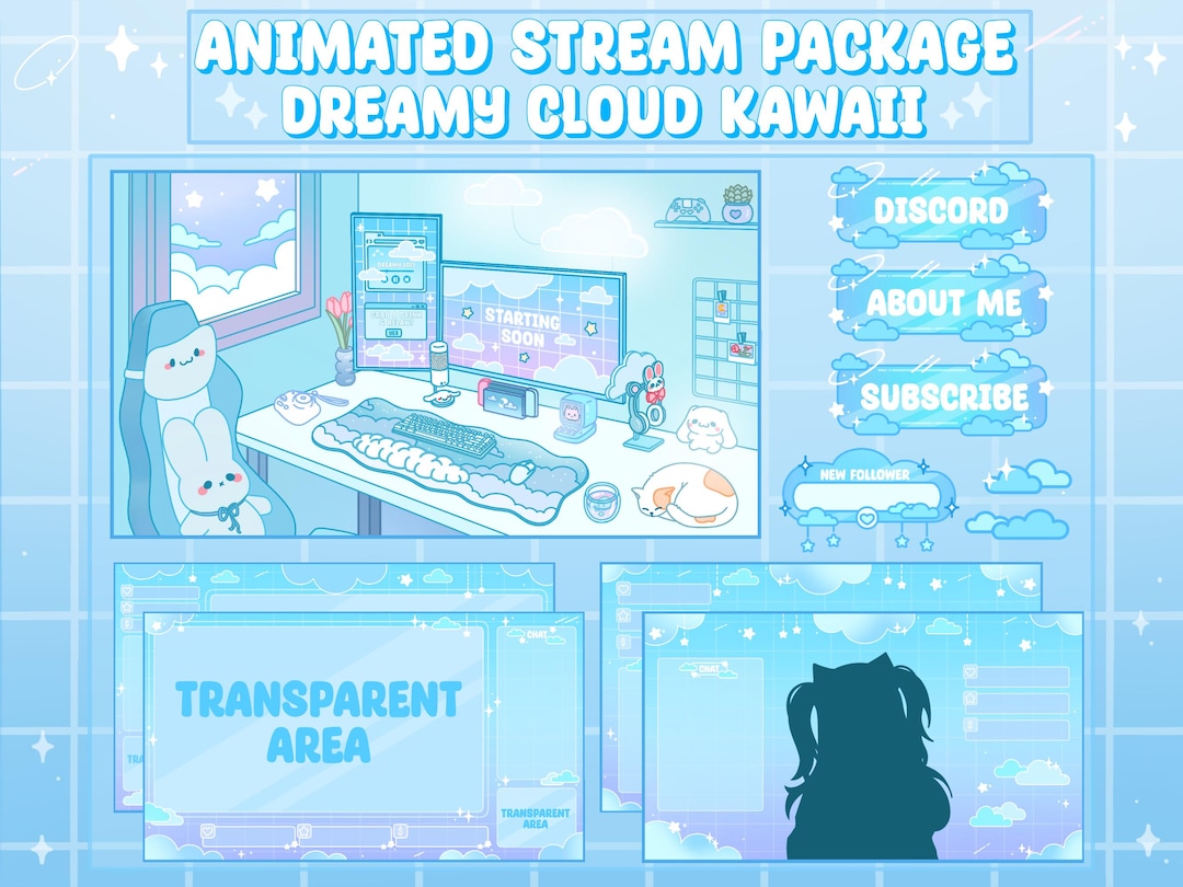 Blue Kawaii Twitch Overlay Package | Dreamy Pastel Stream Overlay ...