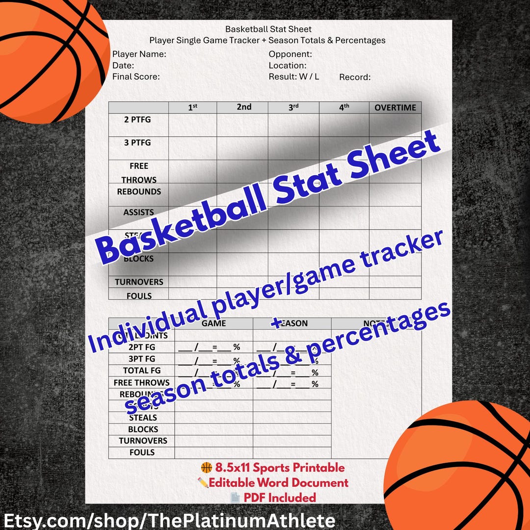Basketball Stat Sheet - One Player Single Game Tracker + Season Totals ...