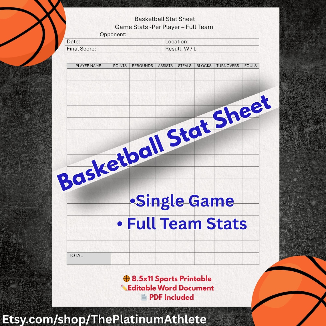 Basketball Stat Sheets - Single Game - Full Team - Etsy