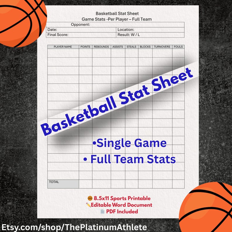 Basketball Stat Sheets - Single Game - Full Team - Etsy