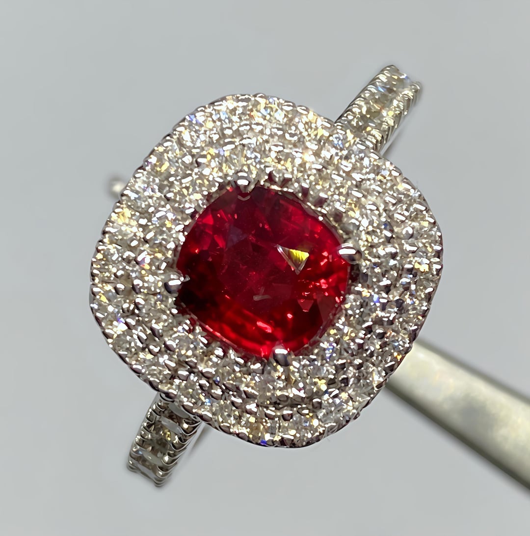 Vivid Blood Red 3.1 Ctw Cushion Cut Natural Ruby & D VS1 Double Halo ...