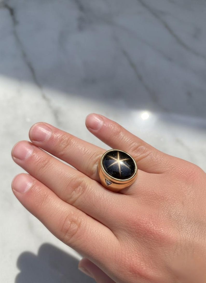 11 Carat Black Star Sapphire Mens Ring in 14k Gold, Oval Cabochon Black ...