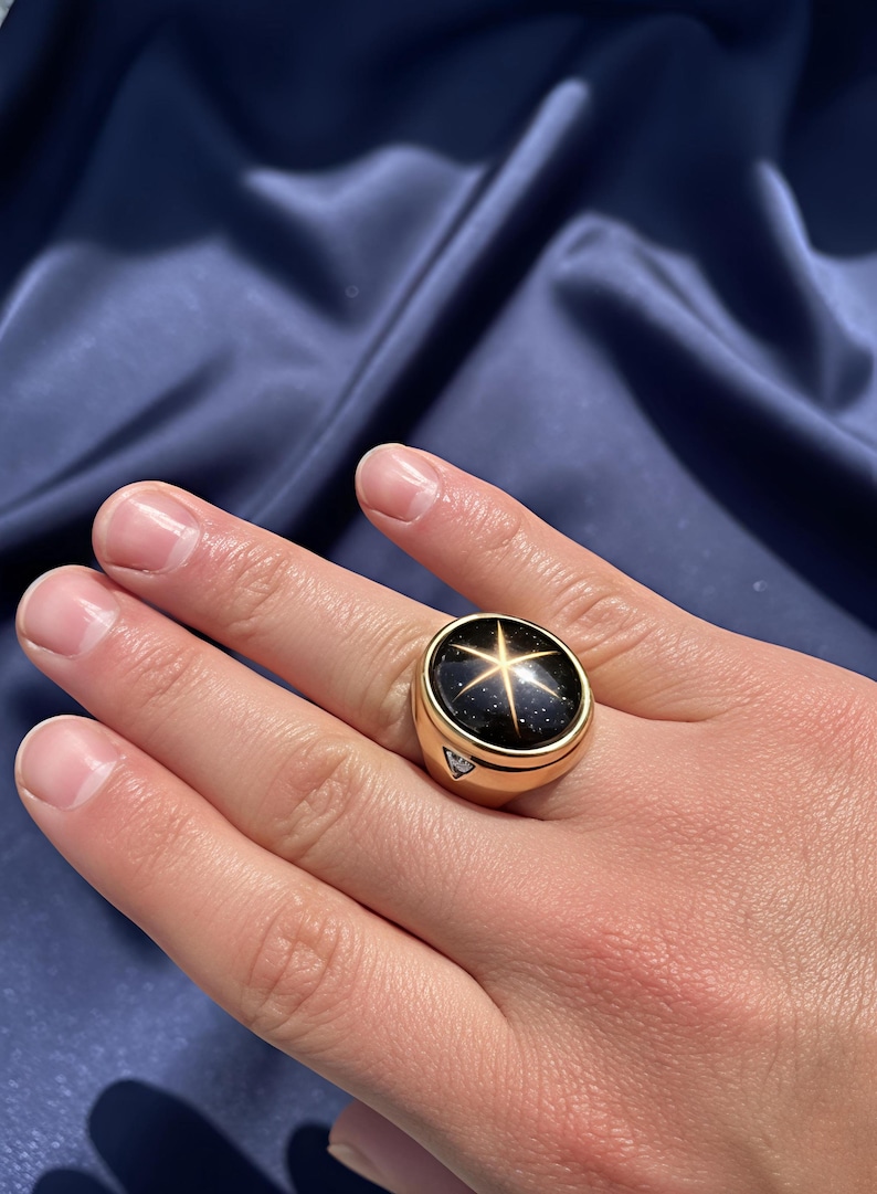 11 Carat Black Star Sapphire Mens Ring in 14k Gold, Oval Cabochon Black ...