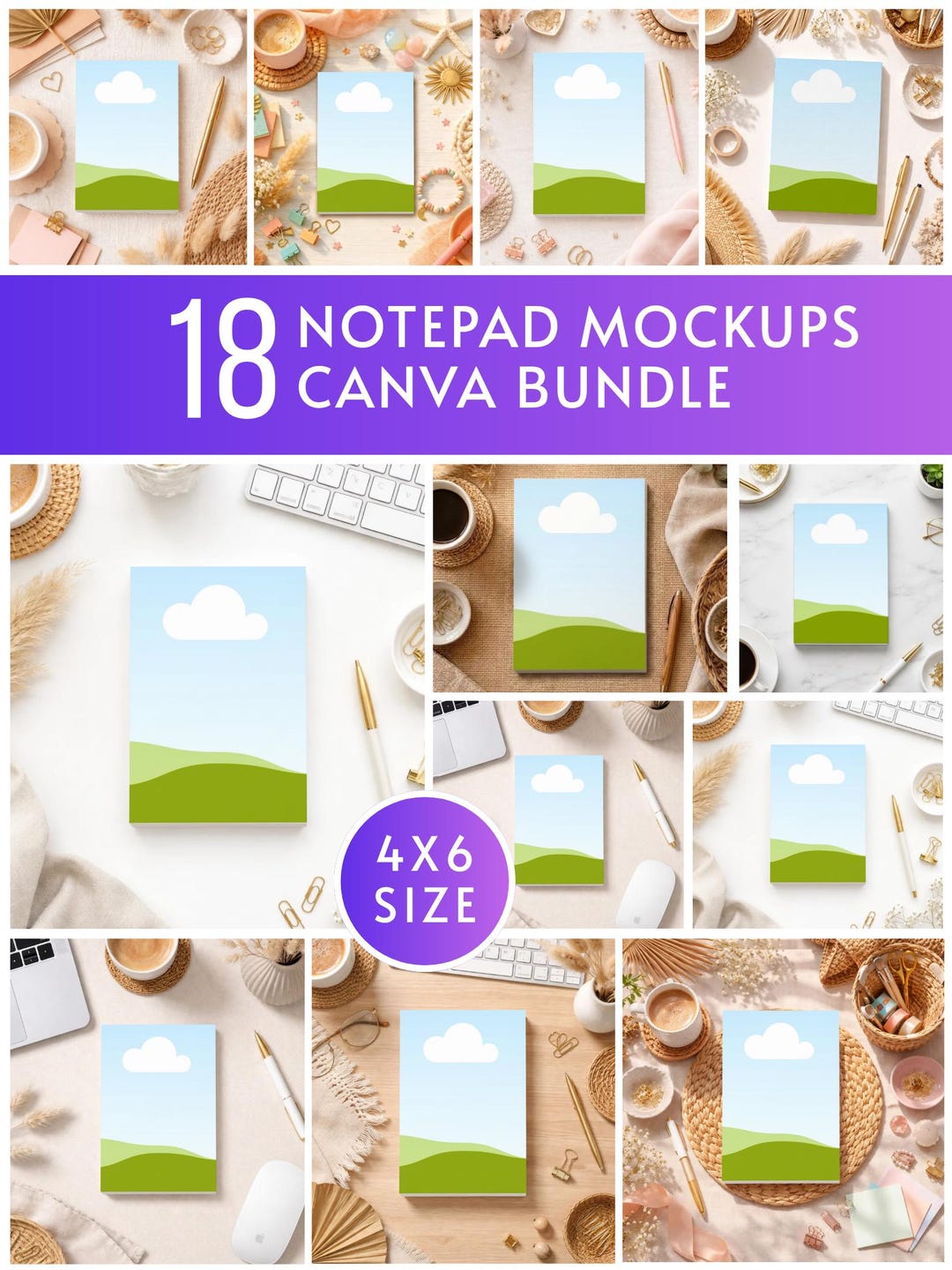 4x6 Notepad Template Canva, Notepad Mockup Bundle, Boho Notepad Mockups ...