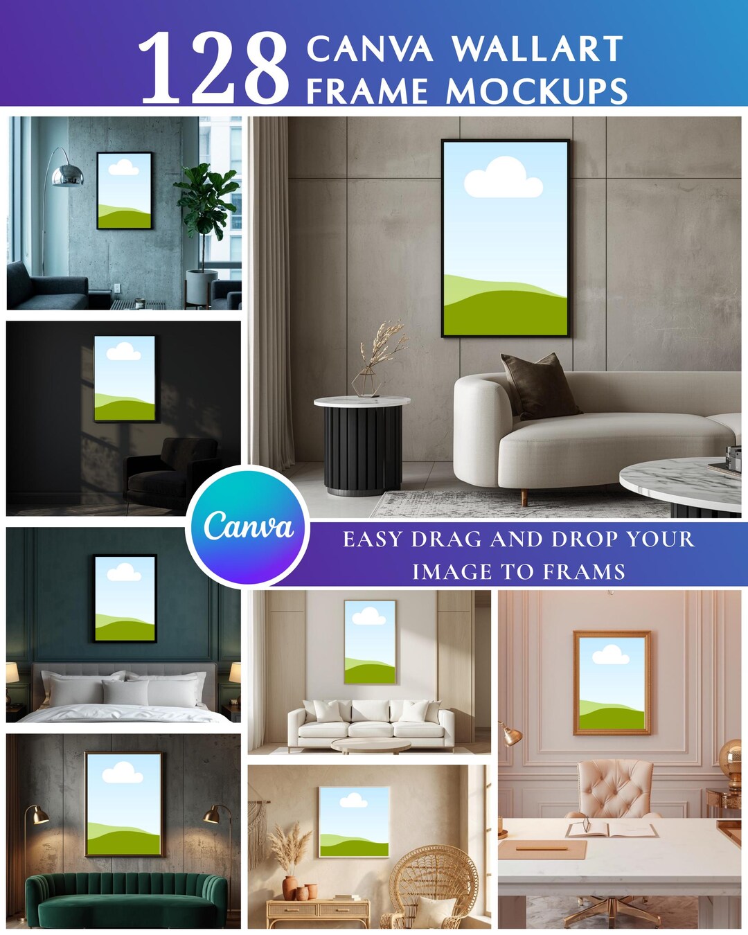 Wall Art Mockup Bundle, Canva Editable Frame Mockup, Canvas Mockup ...