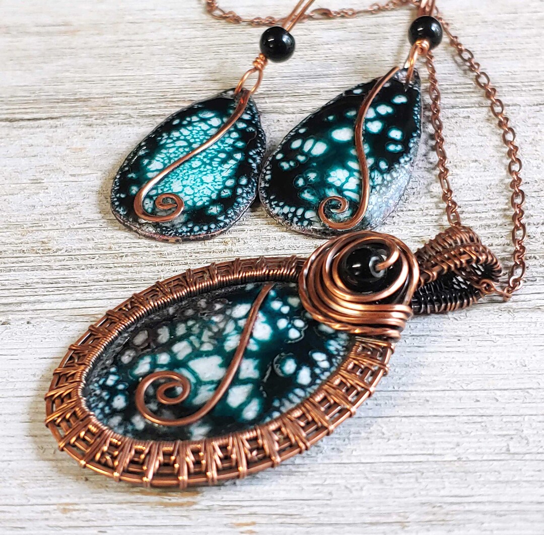 Enameled Earrings and Necklace Set in Turquoise Green & Black One of a ...