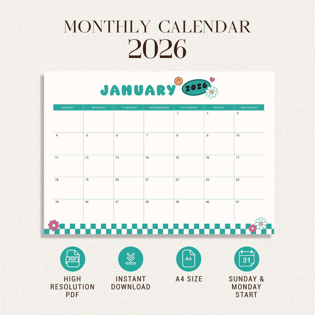 2026 Monthly Printable Calendar | Funky Retro Theme | Instant Download ...