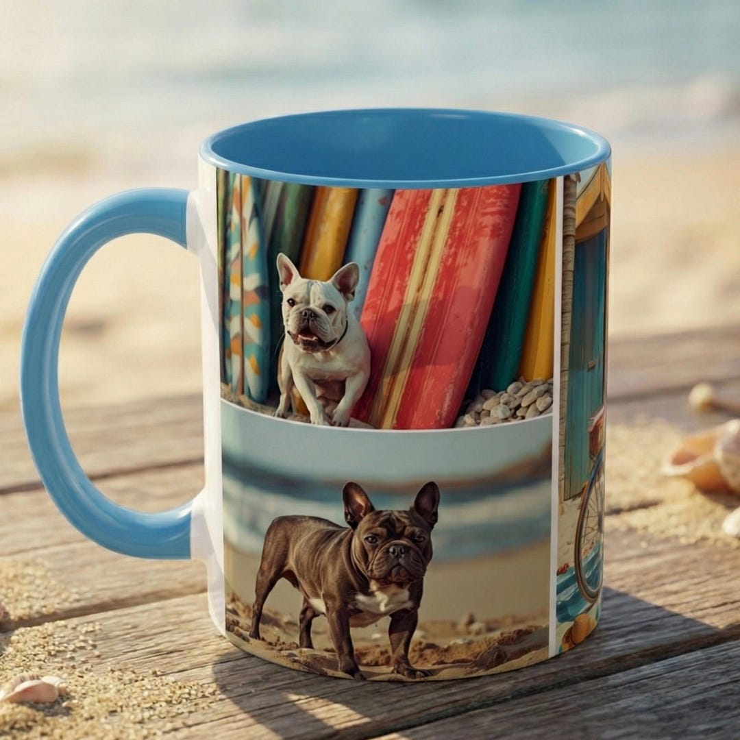 Frenchie Dog Beach Collage Accent Coffee Mug | French Bulldogs Summer ...
