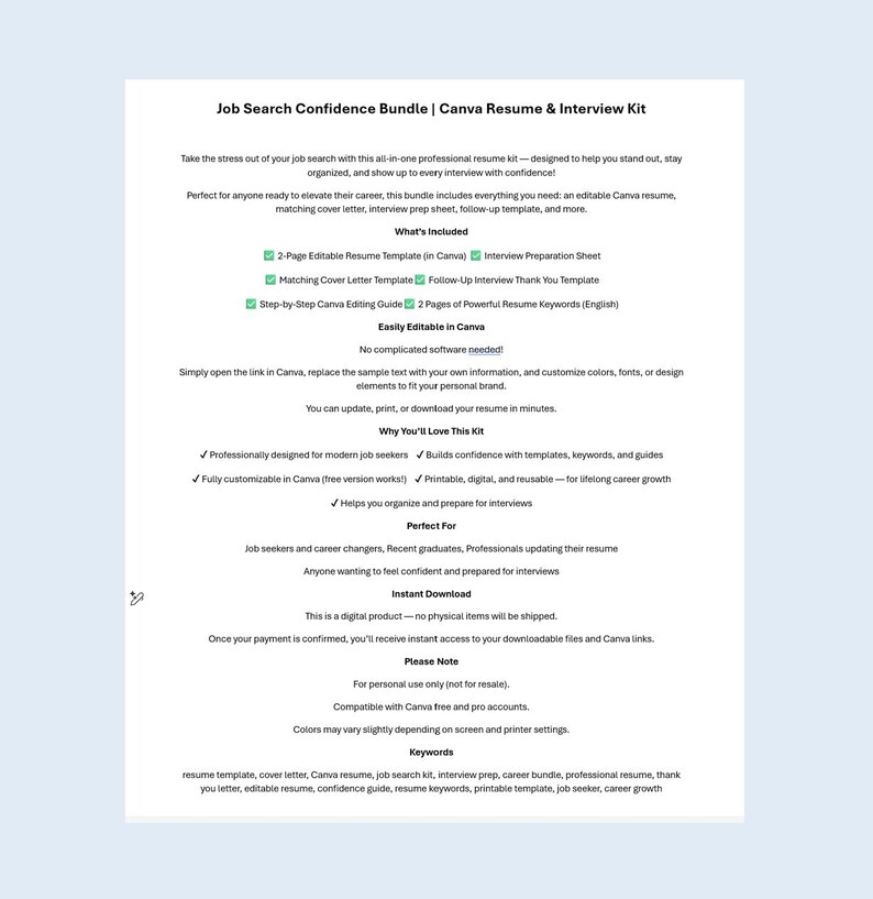 Editable Resume Kit in Canva | 2-page Resume + Cover Letter + Interview ...