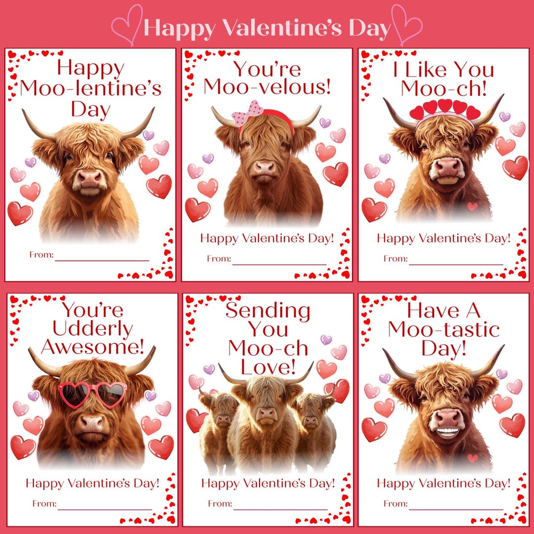 Highland Cow Valentines for Kids Printable | Classroom Valentine Cards ...