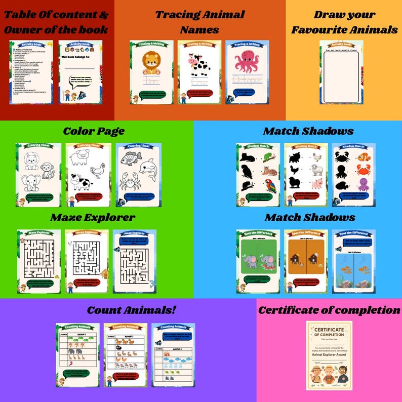 Printable Animal Activity Book for Kids. Worksheets Tracing, Coloring ...