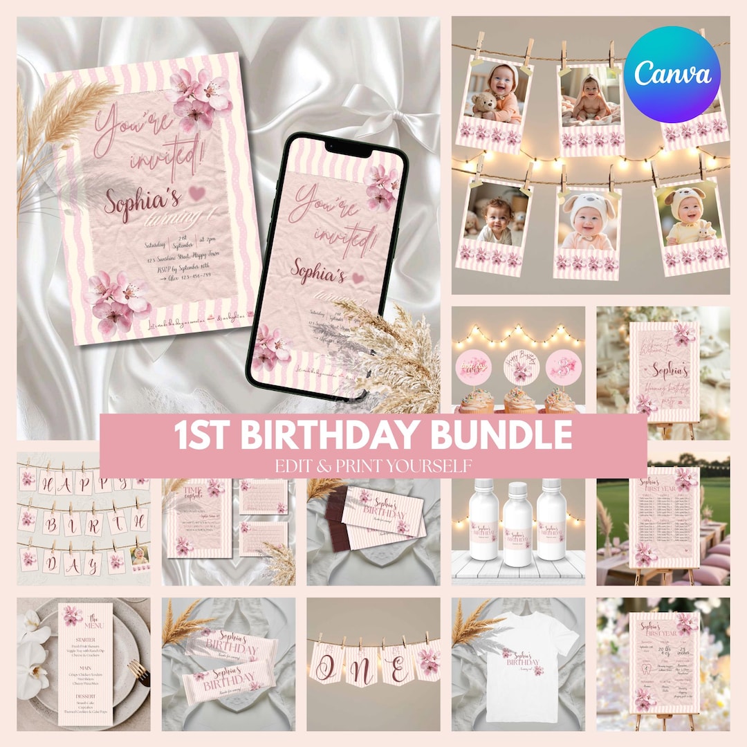 Editable 1st Birthday Bundle: Girls Decoration, Pink Floral Pastel ...
