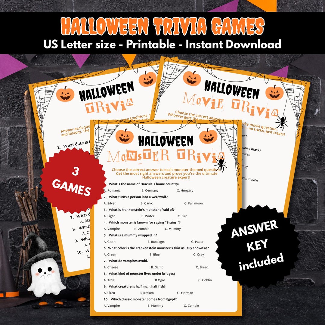 Halloween Trivia Game Printable: Spooky Party Game for Family, Kids ...