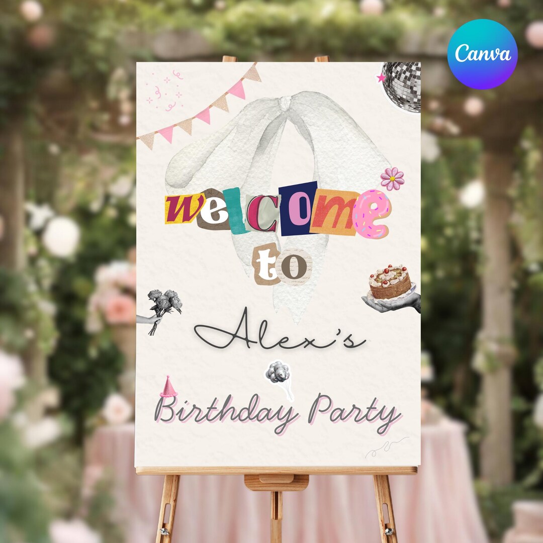 Editable Bow Birthday Welcome Sign: Party Decor (canva Template ...