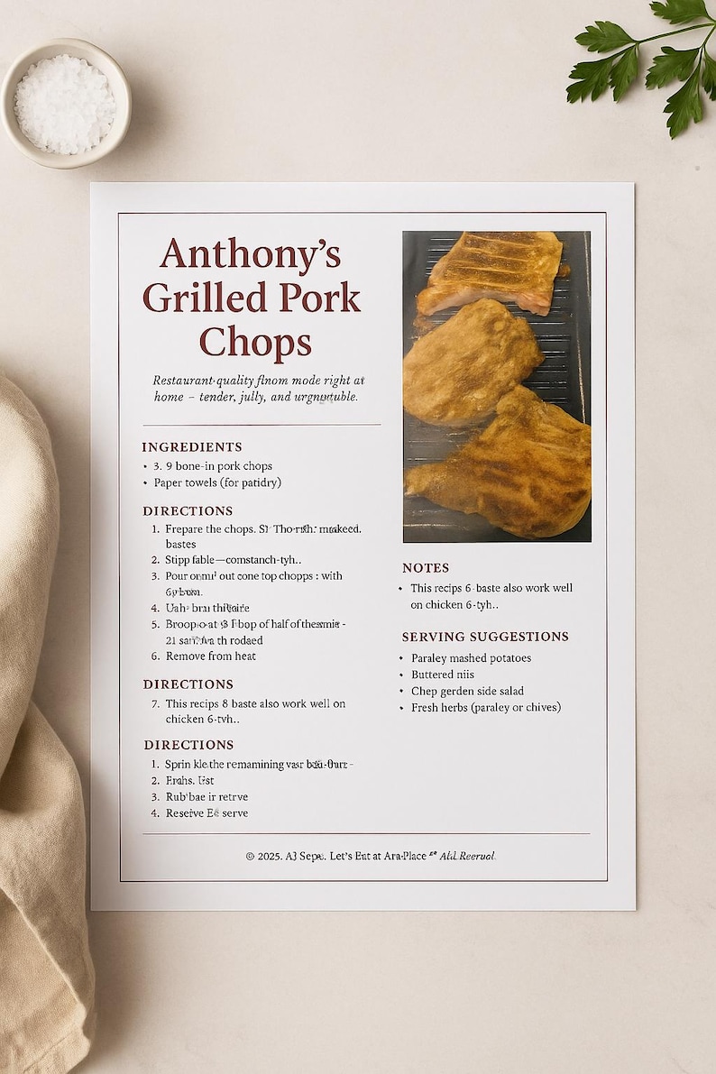 Anthony’s Grilled Pork Chops | Printable Recipe Card | Tender, Juicy ...