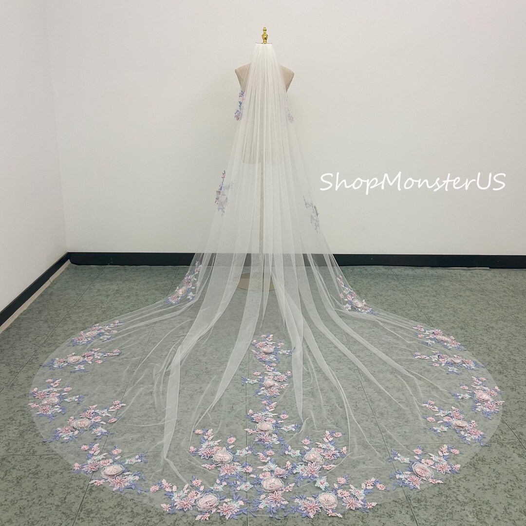 Pastel Pink Floral Cathedral Veil With Pearl-studded Blooms and Purple ...