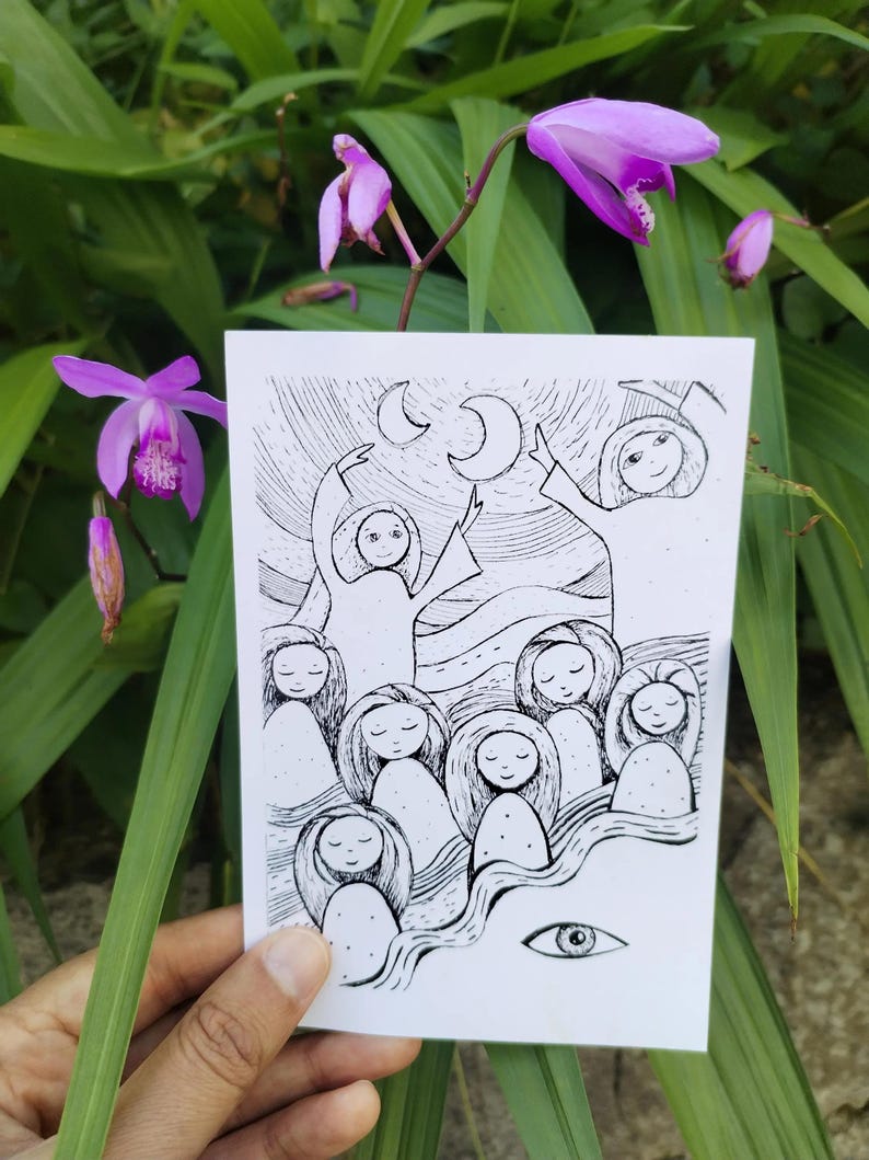Divine Feminine Moon Art Postcard, Cosmic Goddess Hand Drawn Line Print ...