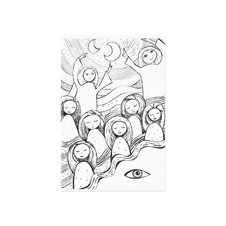 Divine Feminine Moon Art Postcard, Cosmic Goddess Hand Drawn Line Print ...