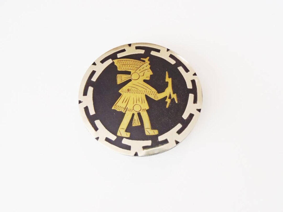 Brooch Mexico Piedra Negra Style Aztec Rain God Tlaloc W/ Lightning ...