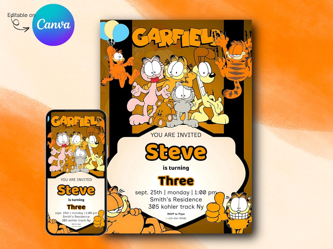Garfield Birthday Invitation Template | Editable Canva Digital Download ...