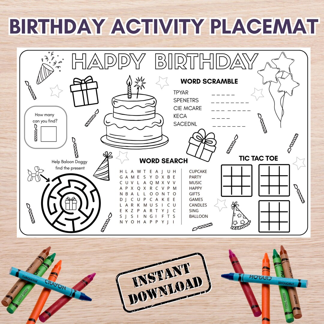 Birthday Activity Placemat: Printable Coloring Games (PDF Download, A4 ...