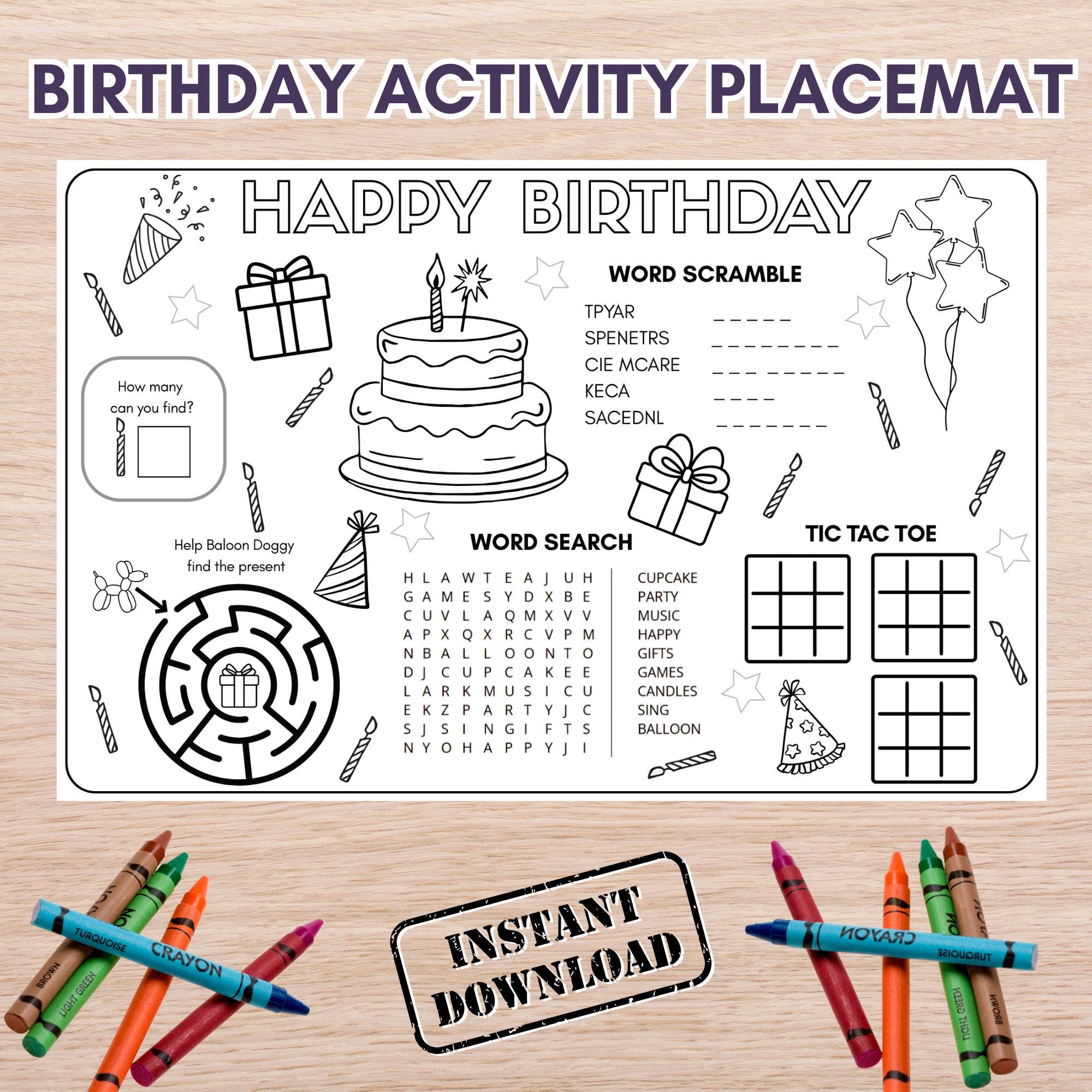 Birthday Activity Placemat: Printable Coloring Games (PDF Download, A4 ...