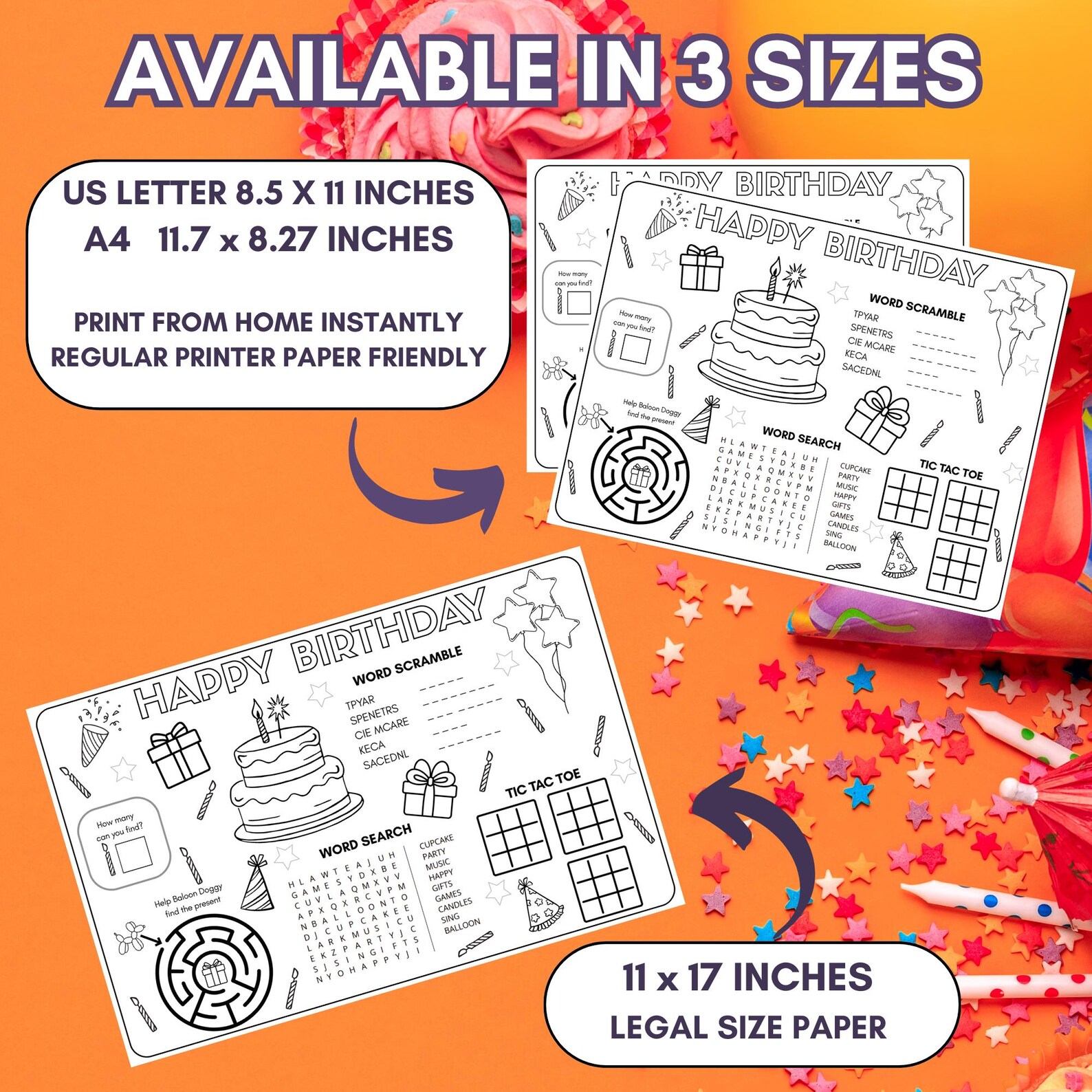 Birthday Activity Placemat: Printable Coloring Games (PDF Download, A4 ...