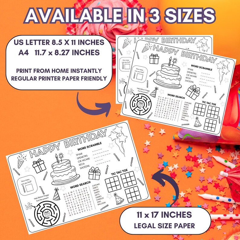 Birthday Activity Placemat: Printable Coloring Games (PDF Download, A4 ...