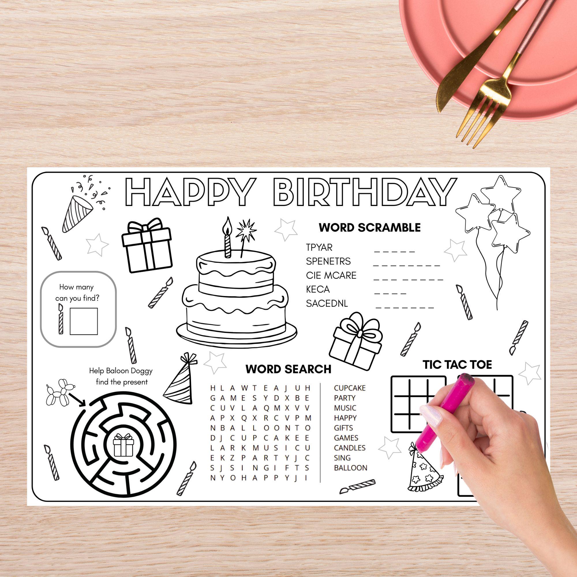 Birthday Activity Placemat: Printable Coloring Games (PDF Download, A4 ...