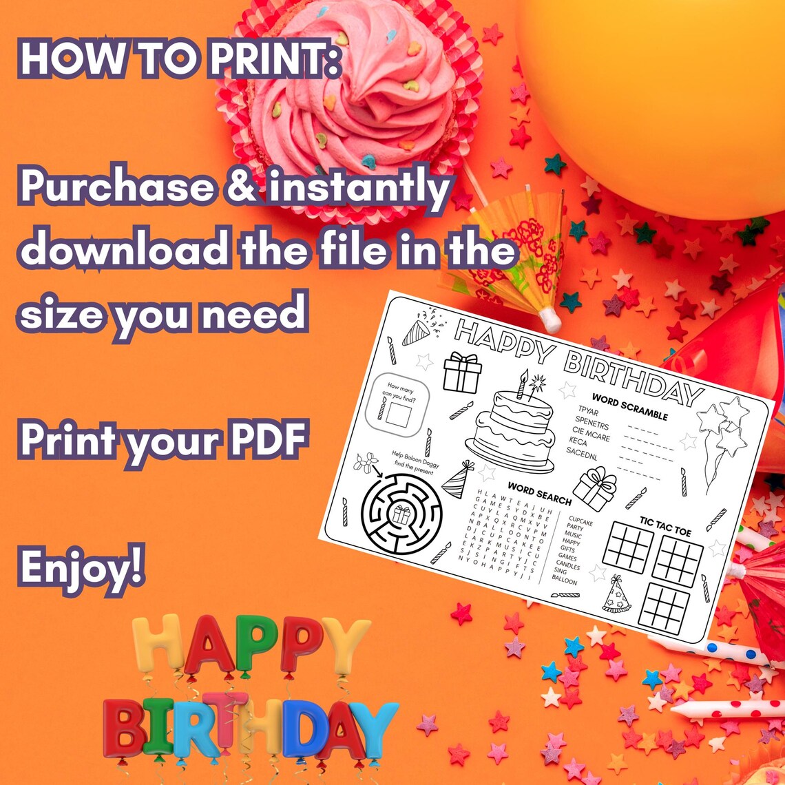 Birthday Activity Placemat: Printable Coloring Games (PDF Download, A4 ...