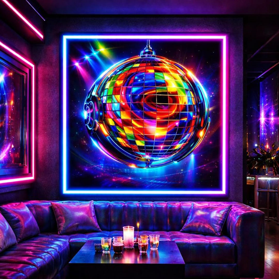 Neon Disco Ball Print – Futuristic Cyberpunk Wall Art - Etsy