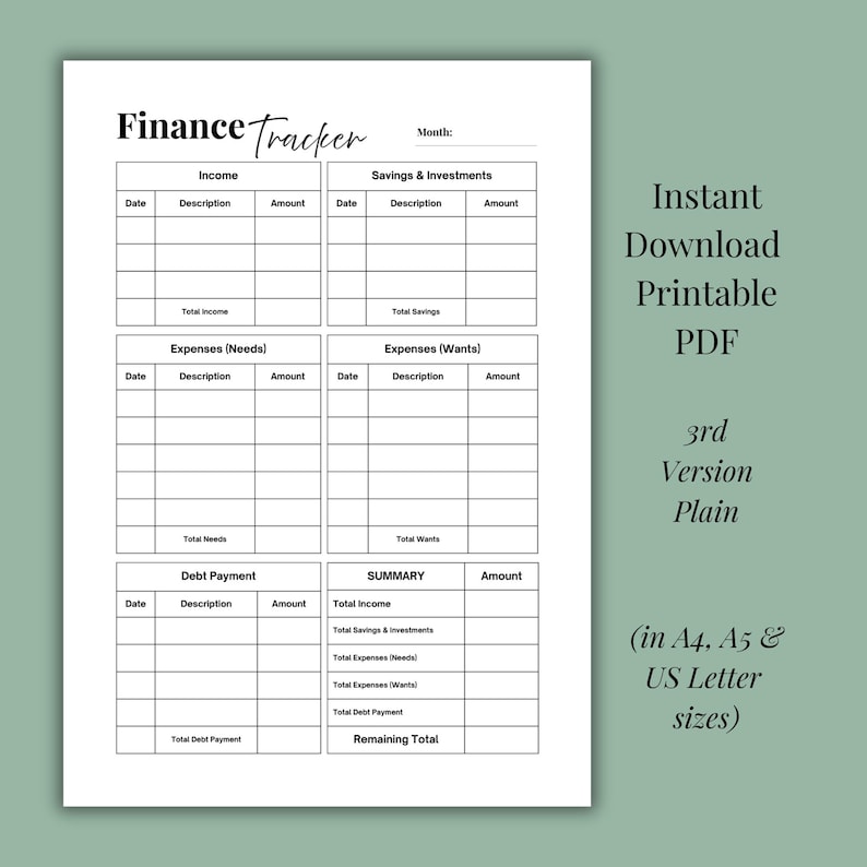 Practical Finance Tracker Printable PDF | Monthly Income Expense ...
