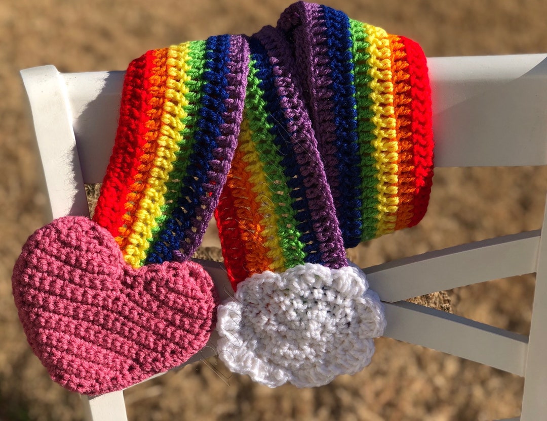 Crocheted Rainbow Scarf, Cloud and Heart Scarf, Multi-colored Scarf ...