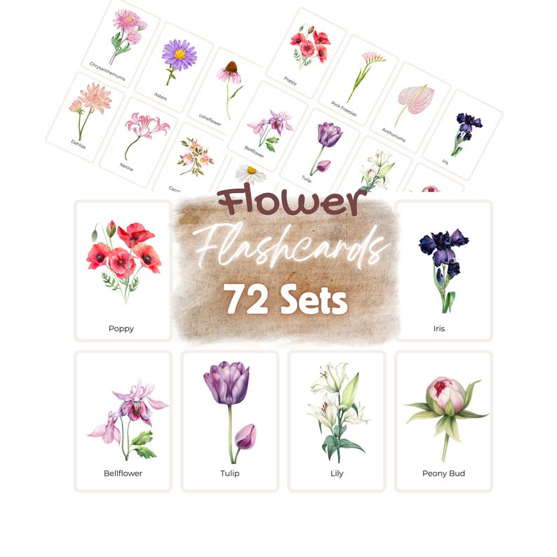 Watercolor Flower Flashcards: Printable Learning Cards (PDF) - Etsy