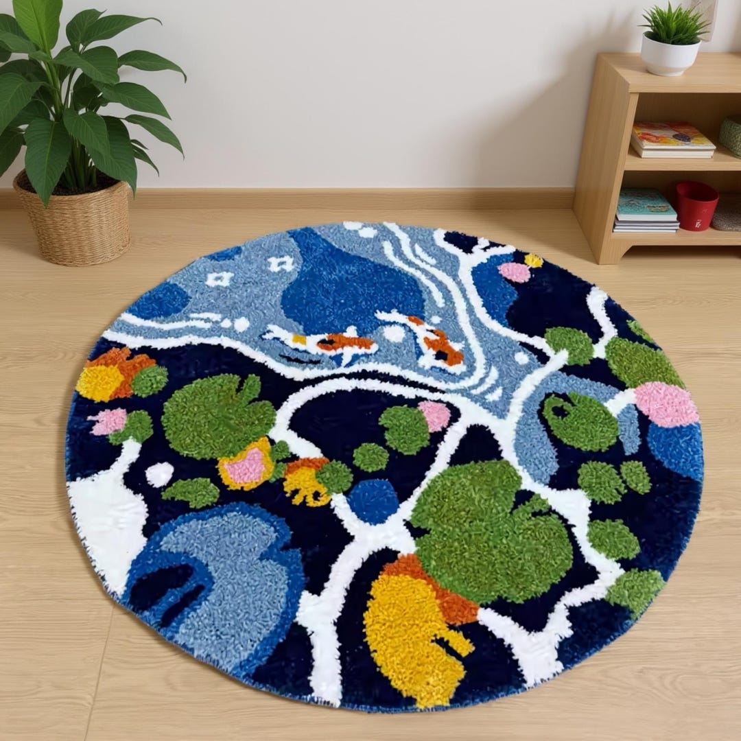 Lotus Pond Round Rug: Flocked Psychedelic Area Carpet, Abstract Art ...