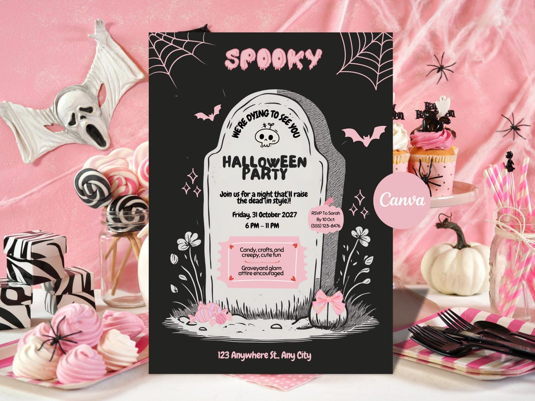 Spooky Grave Halloween Bash Invitation, DIY Pink & Black Creepy Party ...