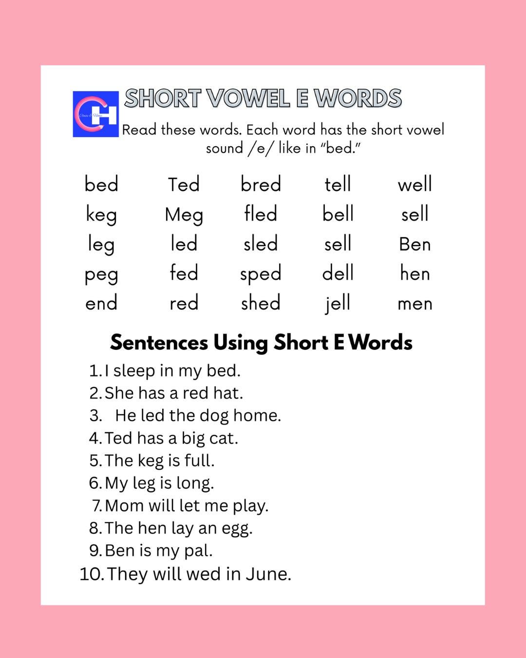 Short Vowel E Phonics Bundle: Early Reading Games & Activities (PDF ...