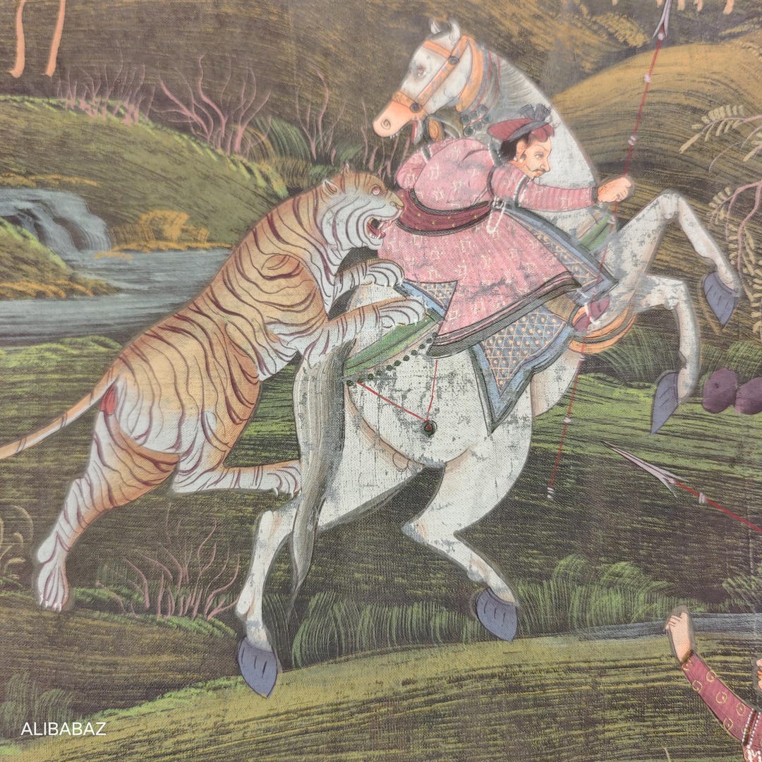 Vintage Mughal Tiger Hunt Painting, Rajasthani Miniature Art on Silk ...